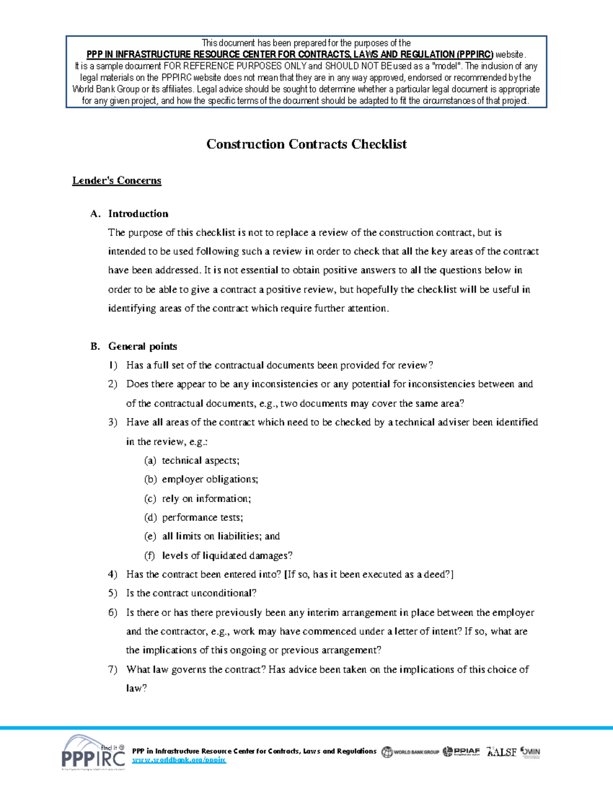 Construction Contract Checklist - PPP IN INFRASTRUCTURE RESOURCE CENTER ...
