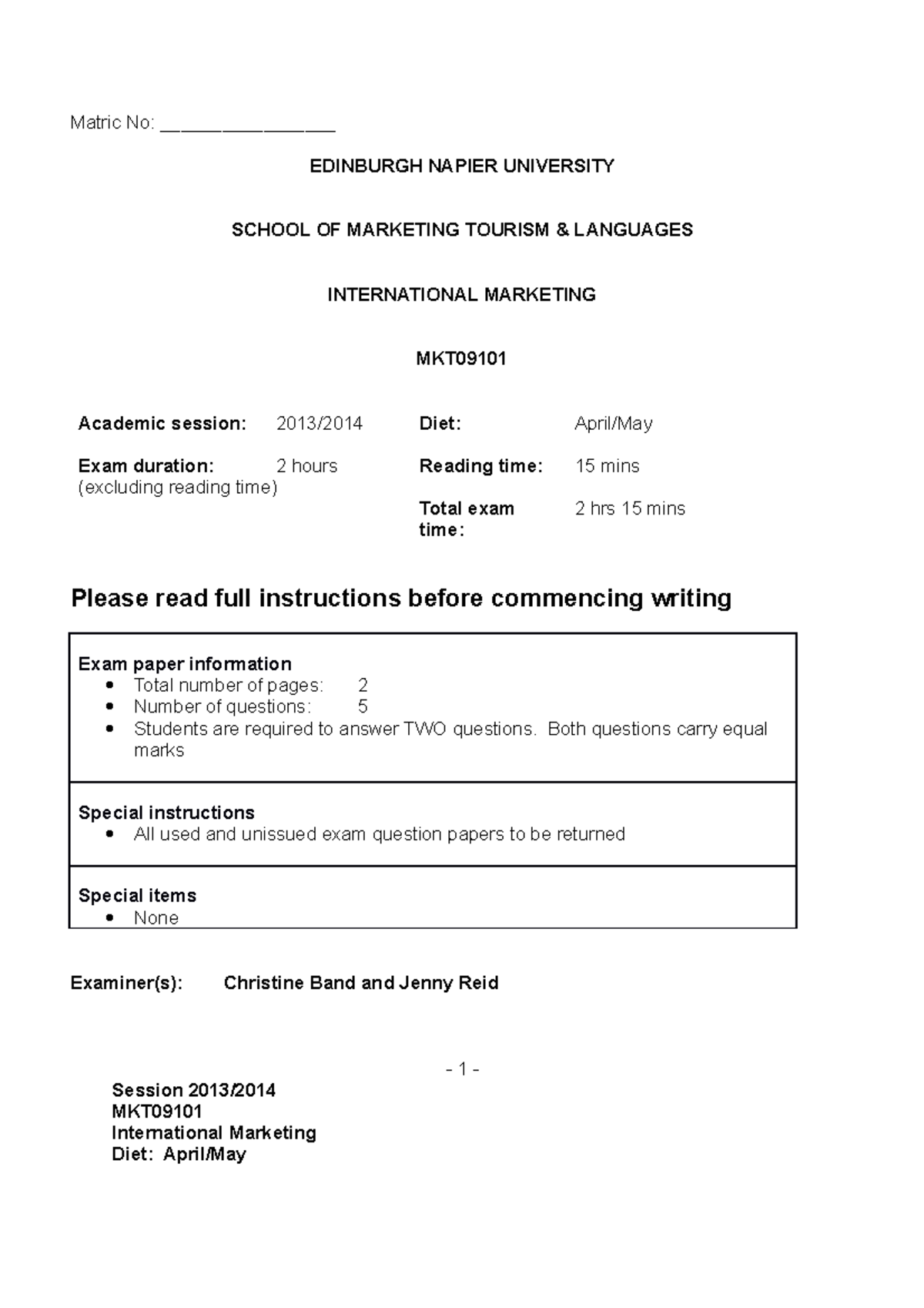 Exam 2012, questions and answers - Matric No: _________________ EDINBURGH NAPIER UNIVERSITY ...