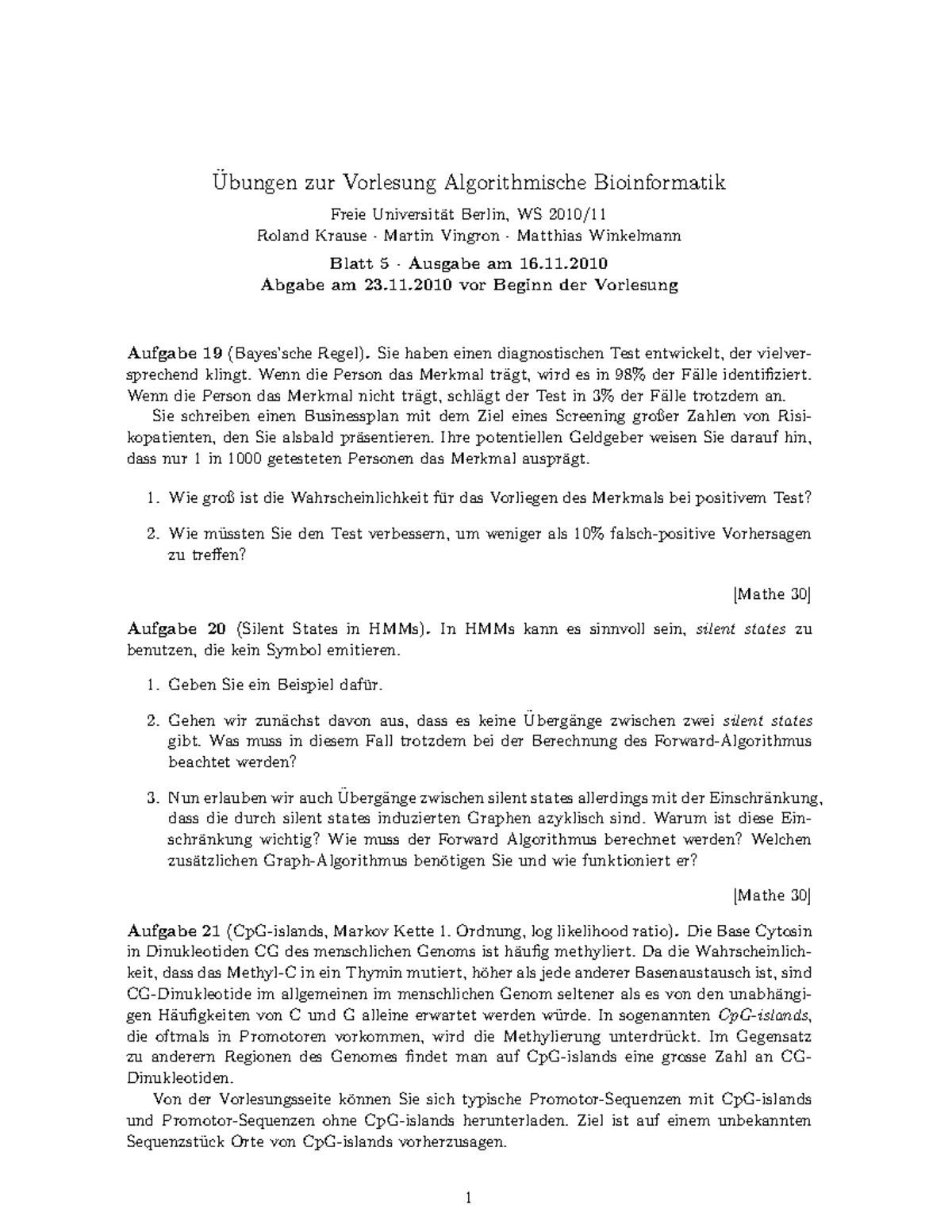 Algorithmische Bioinformatik - Übungen - u5 - ̈ Ubungen zur Vorlesung Algorithmische ...