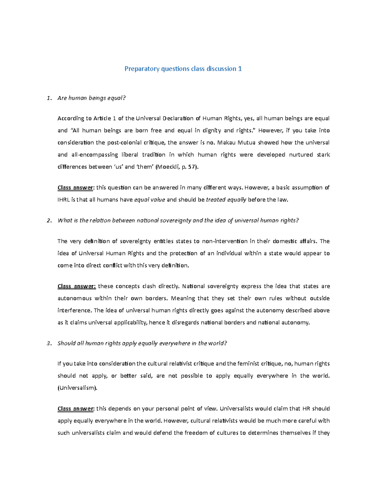 Preparatory Questions IHRL - Preparatory questions class discussion 1 1 ...