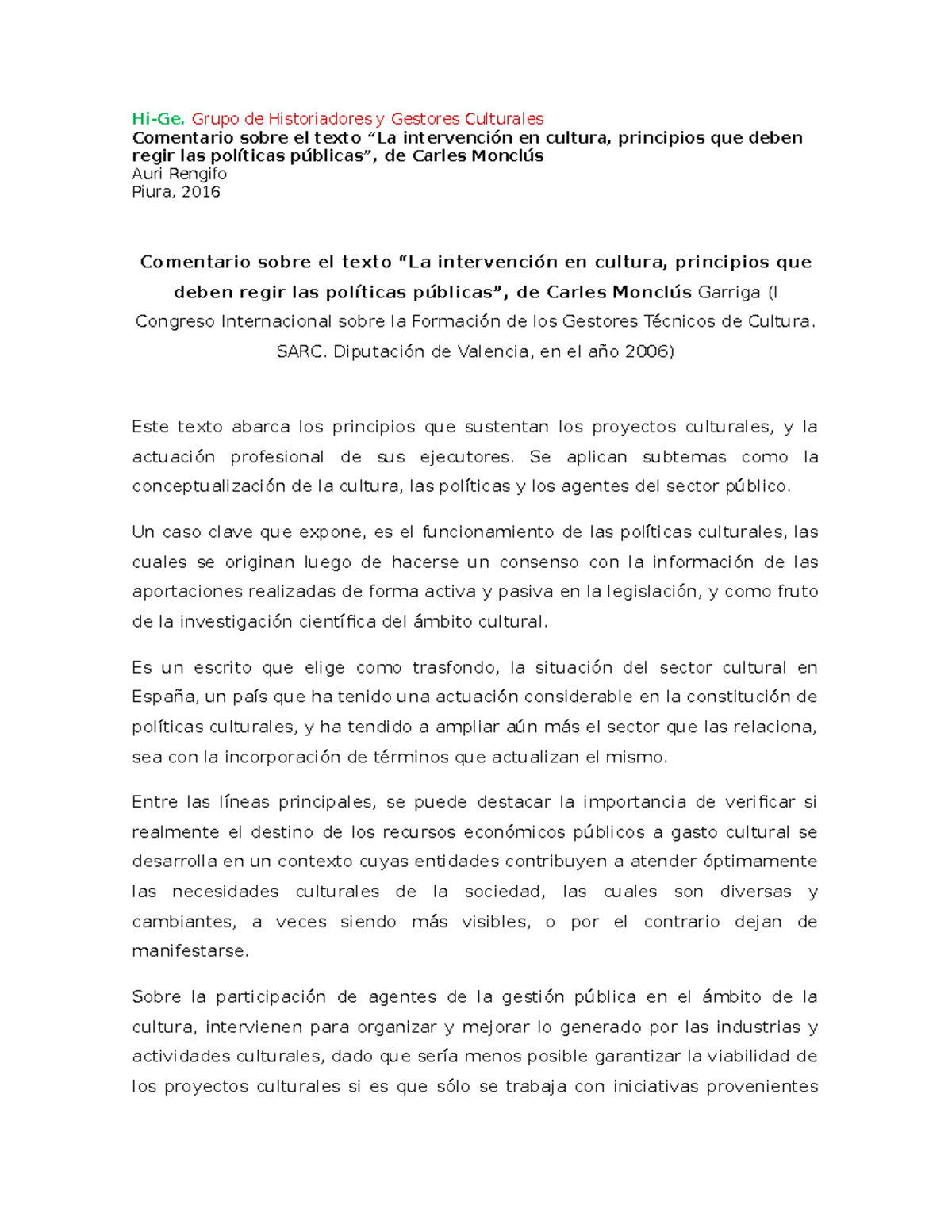 La intervención en cultura, principios que deben regir las políticas ...
