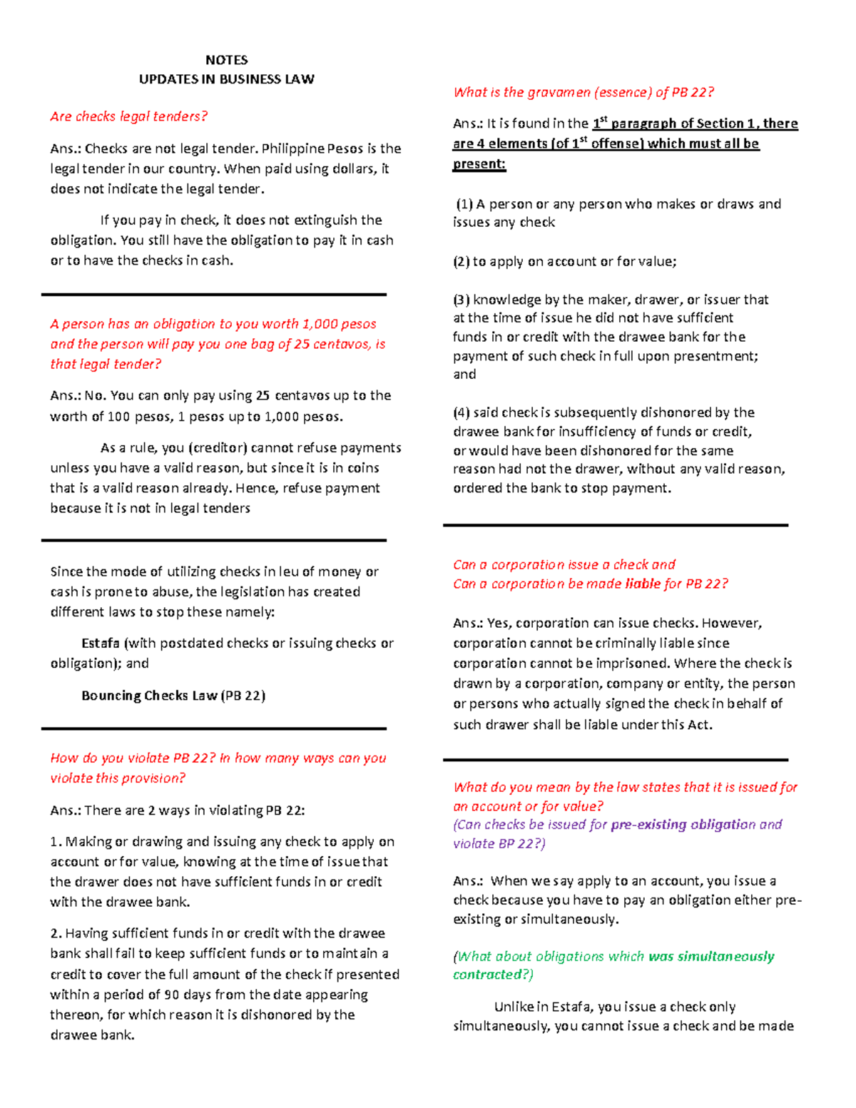 Notes in BP 22 and Estafa - NOTES UPDATES IN BUSINESS LAW Are checks ...