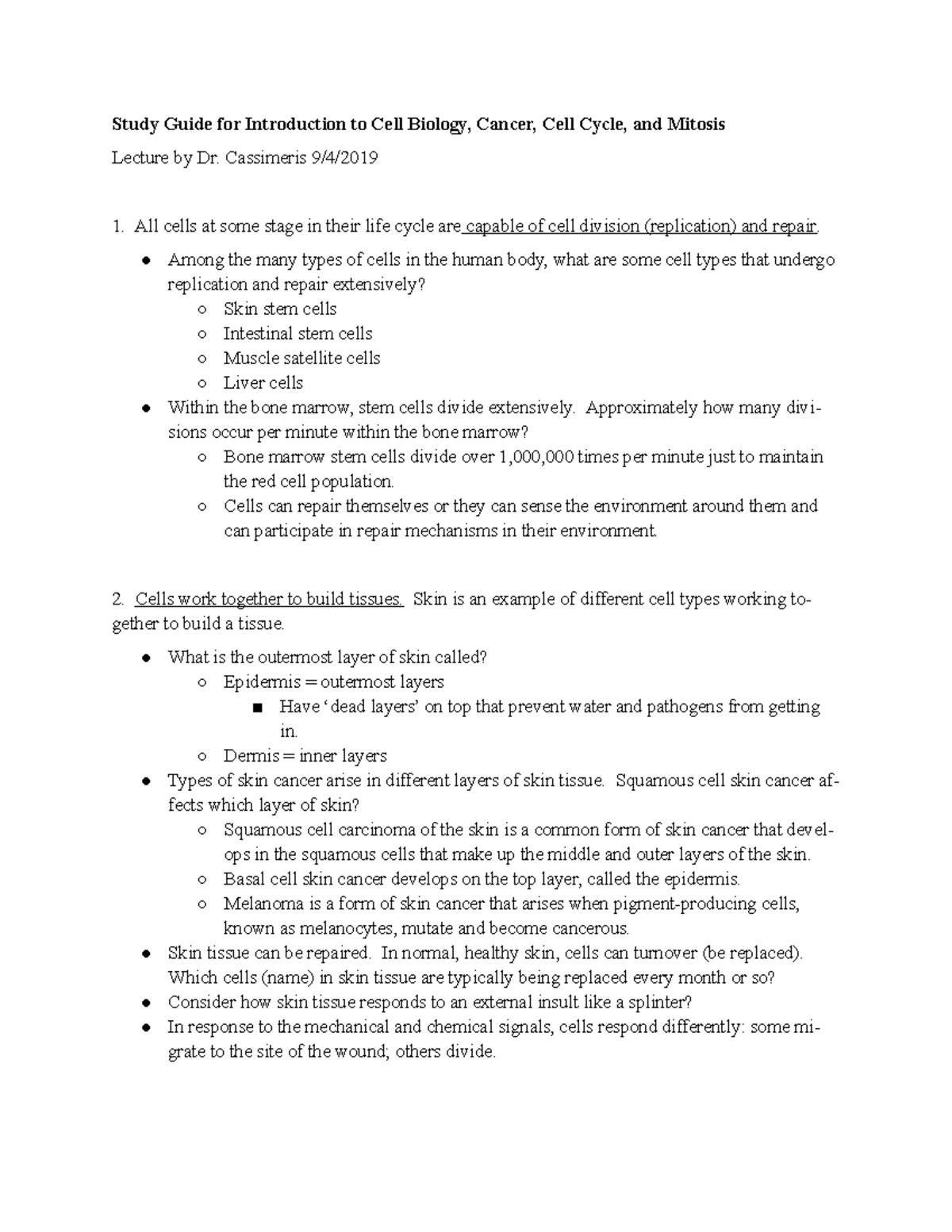 Intro to Cell Biology, Cancer, Cell Cycle, and Mitosis - Study Guide ...