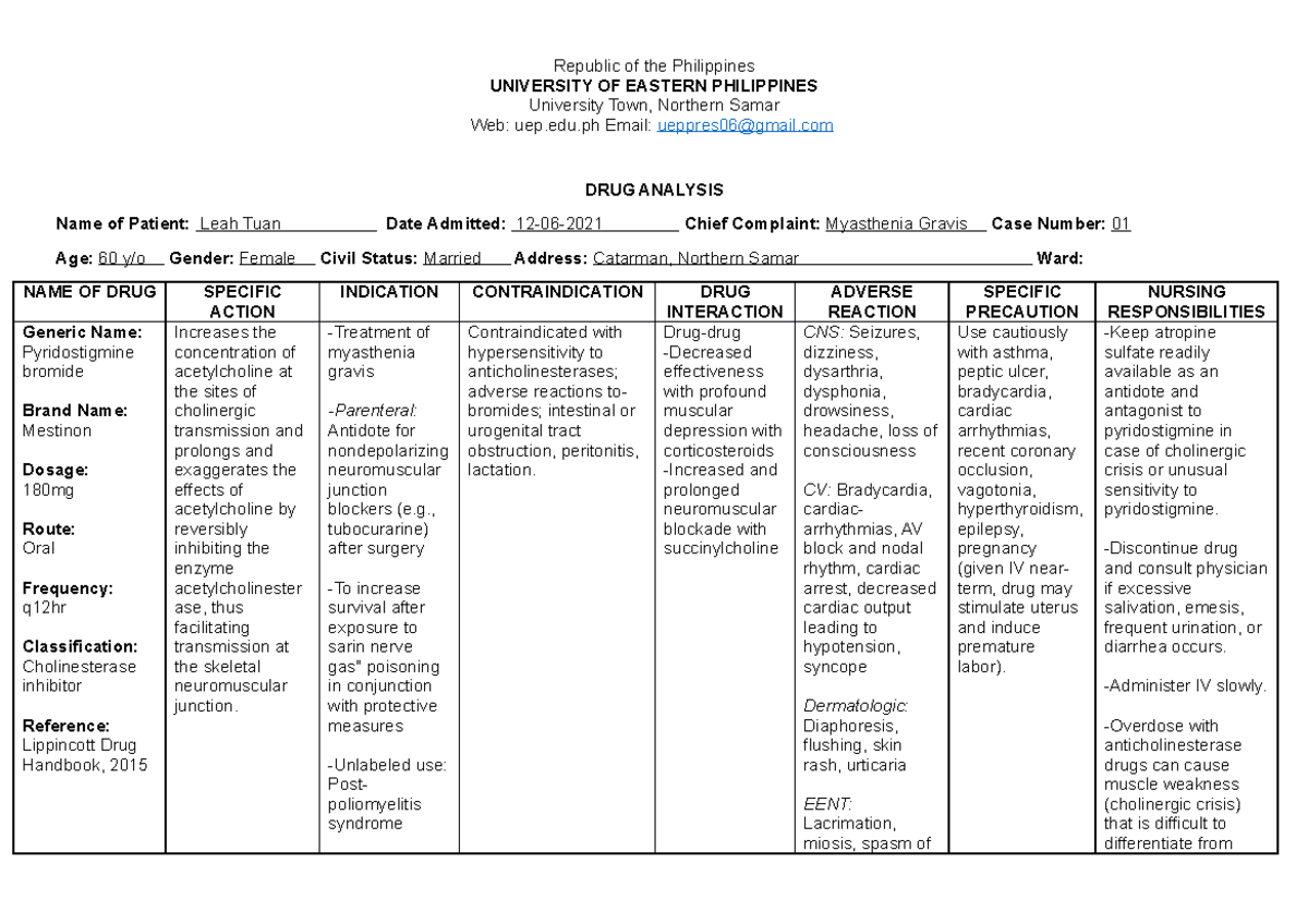 Drug Study - Republic of the Philippines UNIVERSITY OF EASTERN ...