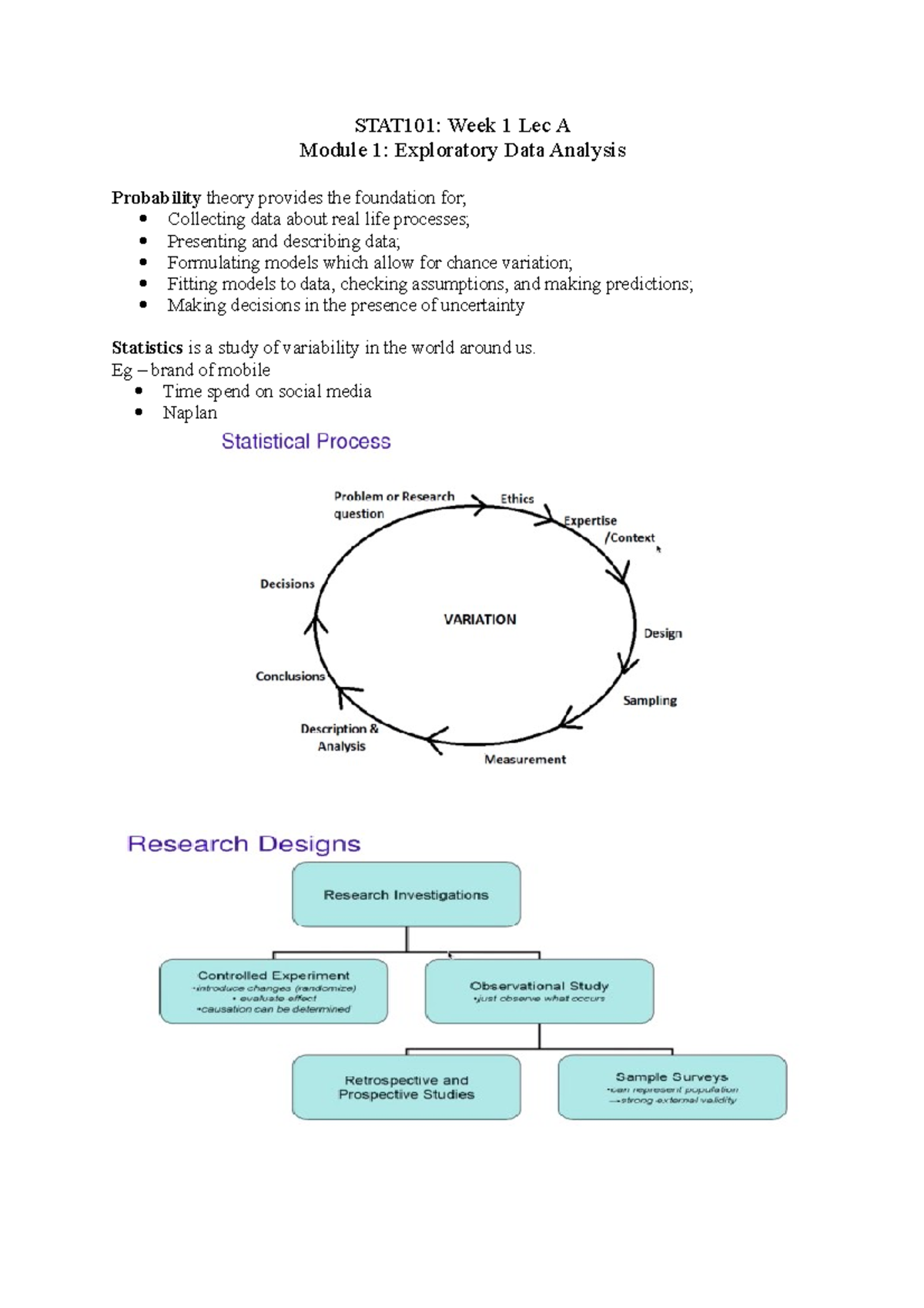 Lecture A - STAT101: Week 1 Lec A Module 1: Exploratory Data Analysis Probability theory ...