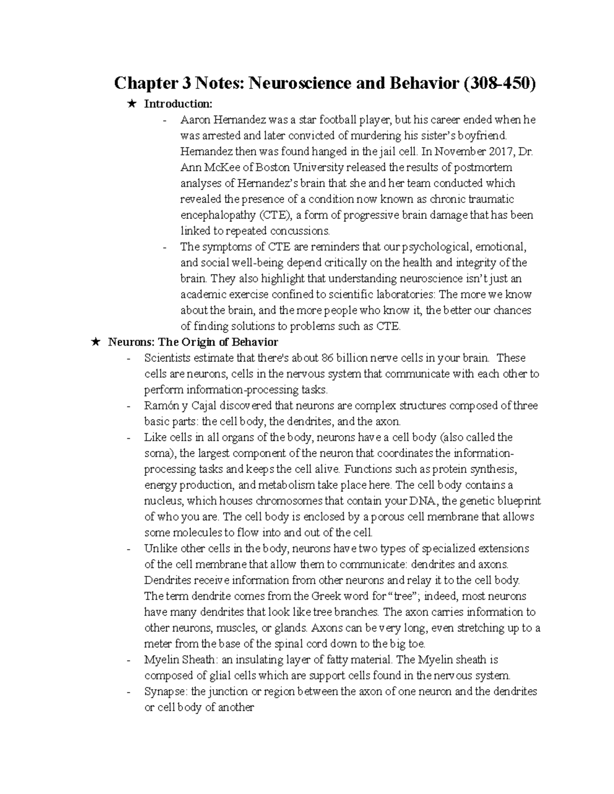 Chapter 3 Notes - Chapter 3 Notes: Neuroscience and Behavior (308-450 ...