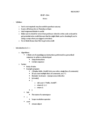 CS 37 - Notes #5 - 09/21/ CS 37 – C++: Notes: Classes are like the ...