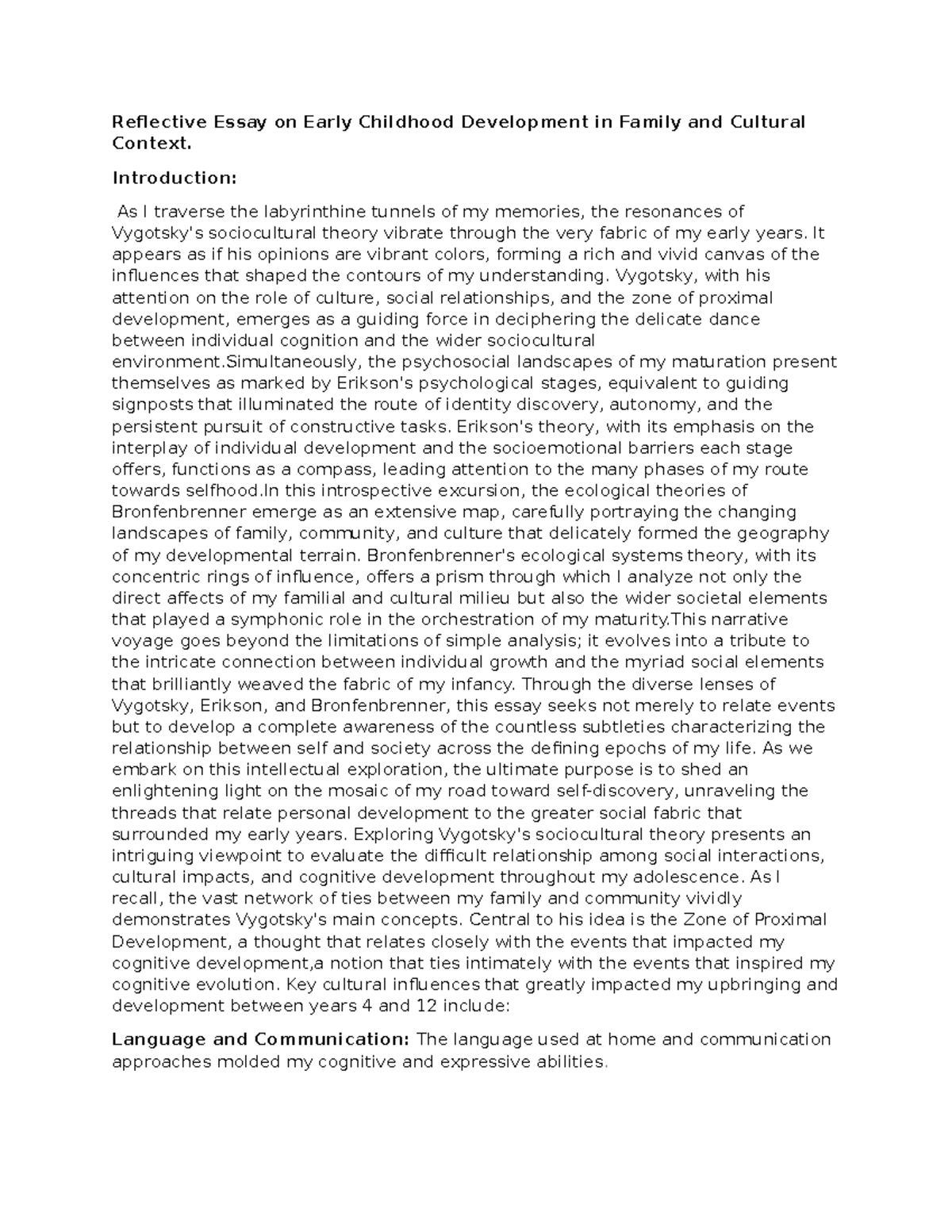 Reflective Essay on Early Childhood Development in Family and Cultural ...