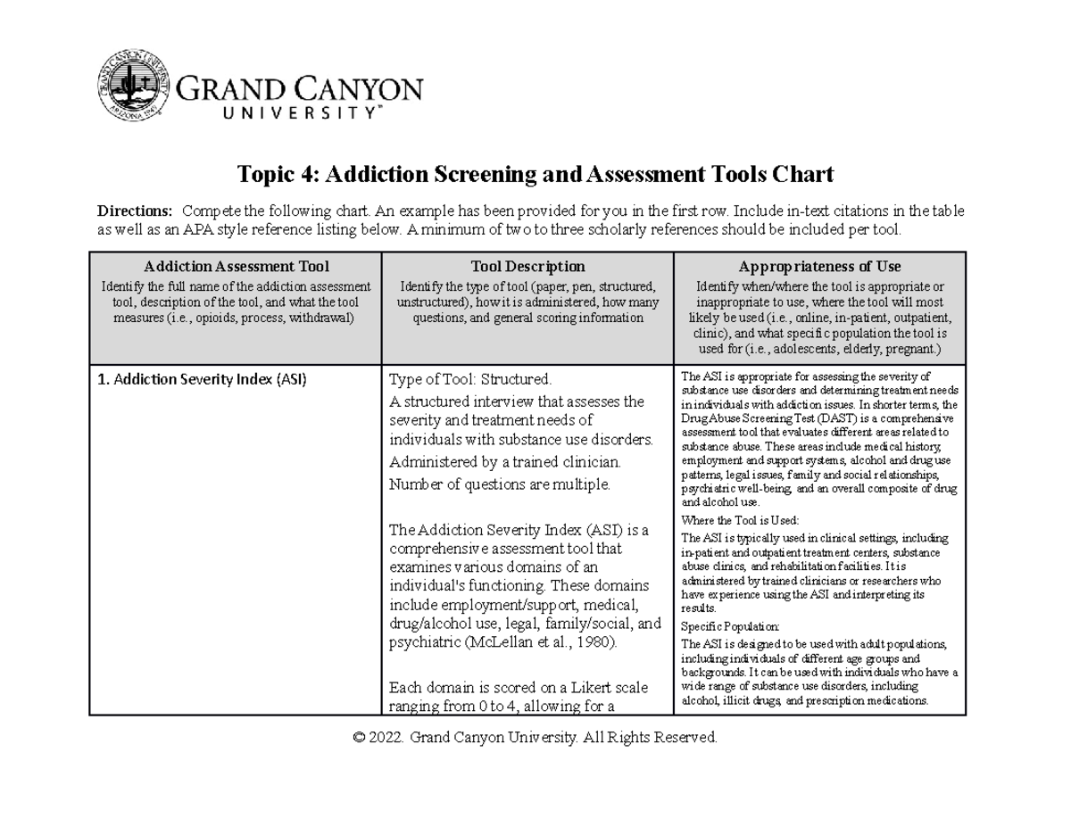 PCN 100 RS T4 Addiction Screening Assessment Tool Chart - Topic 4 ...