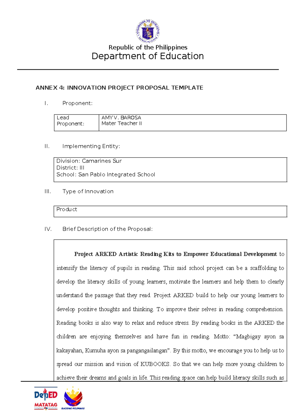 AMY V. Barosa ( Innovation) - Department of Education ANNEX 4 ...