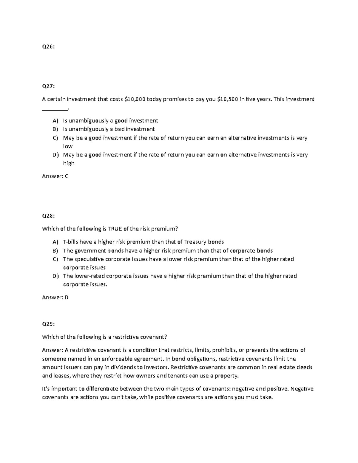 Quiz 2 Questions Practice Q26 Q27 A Certain Investment That Costs