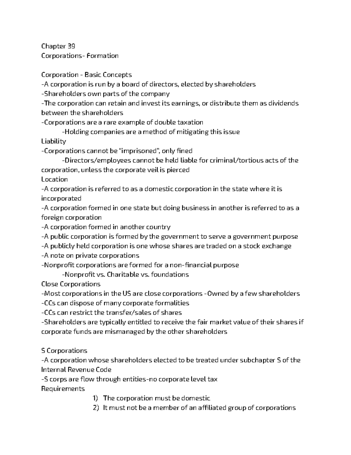 Chapter 39 Notes - Chapter 39 Corporations- Formation Corporation ...
