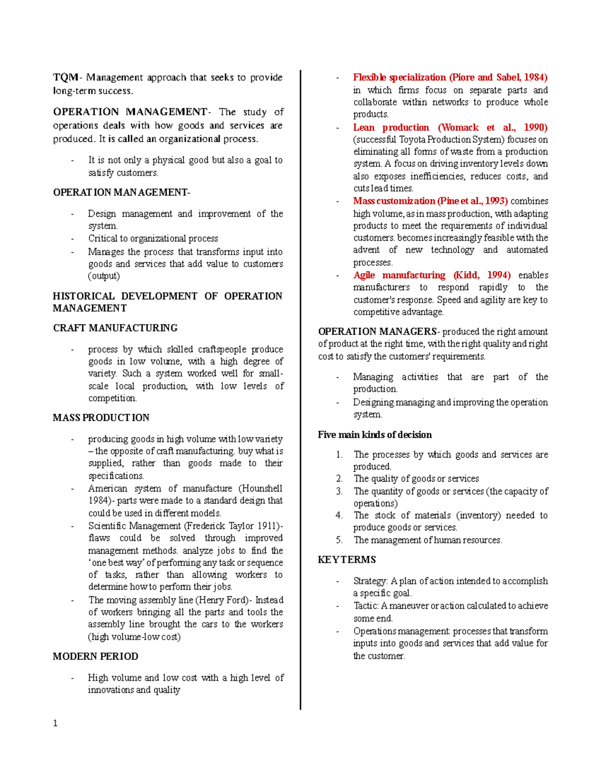 TQM Notes - TQM- Management approach that seeks to provide long-term ...