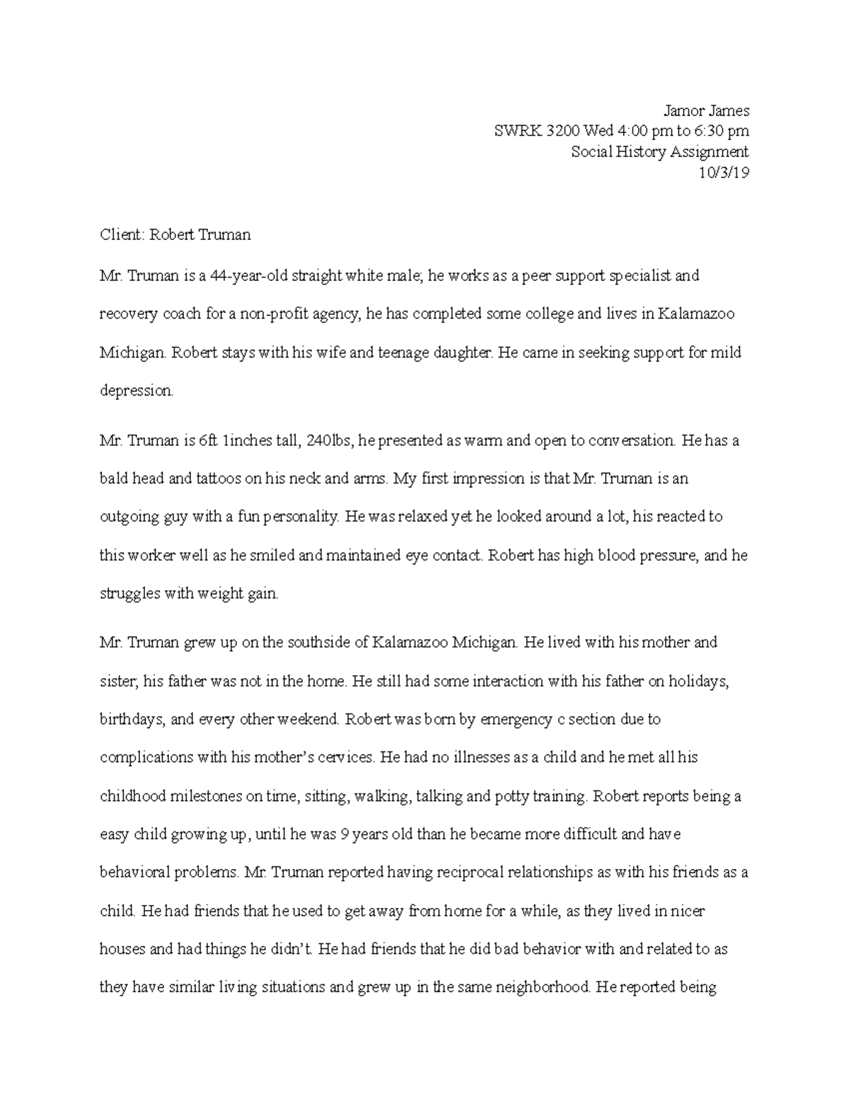 Social History Assignment - Jamor James SWRK 3200 Wed 4:00 pm to 6:30 ...