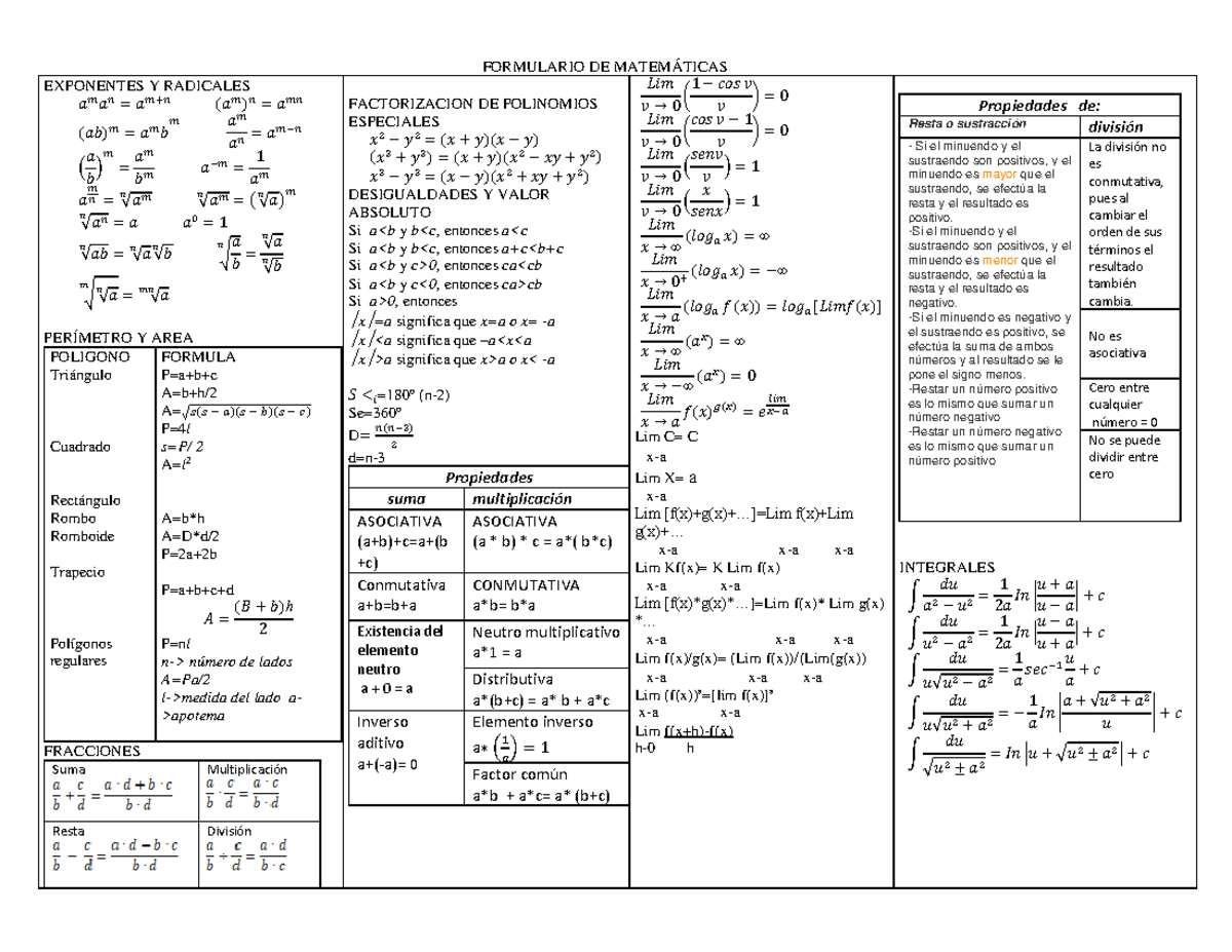 Formulario DE Matemática - Warning: TT: undefined function: 32 FORMULARIO DE MATEMÁTICAS ...