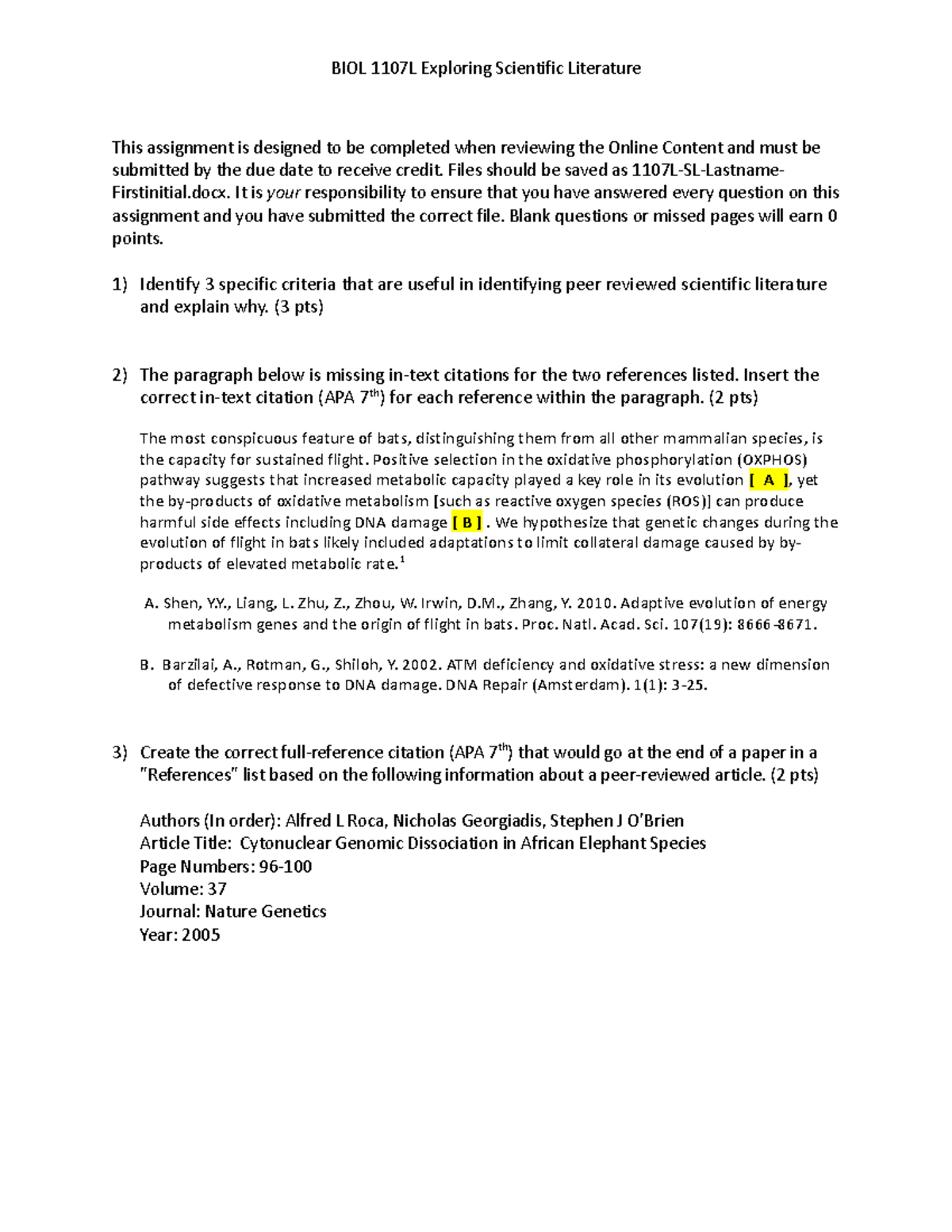 BIOL 1107L Exploring Scientific Literature - Files should be saved as ...