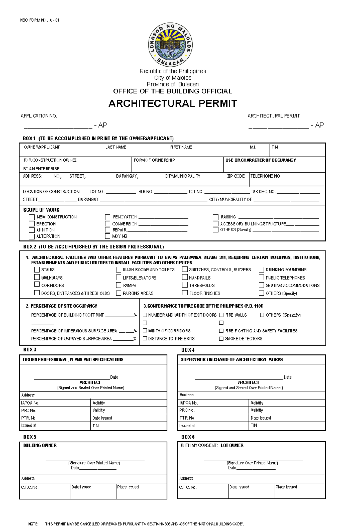 Architectural Permit front and back - NBC FORM NO. A - 01 Republic of ...