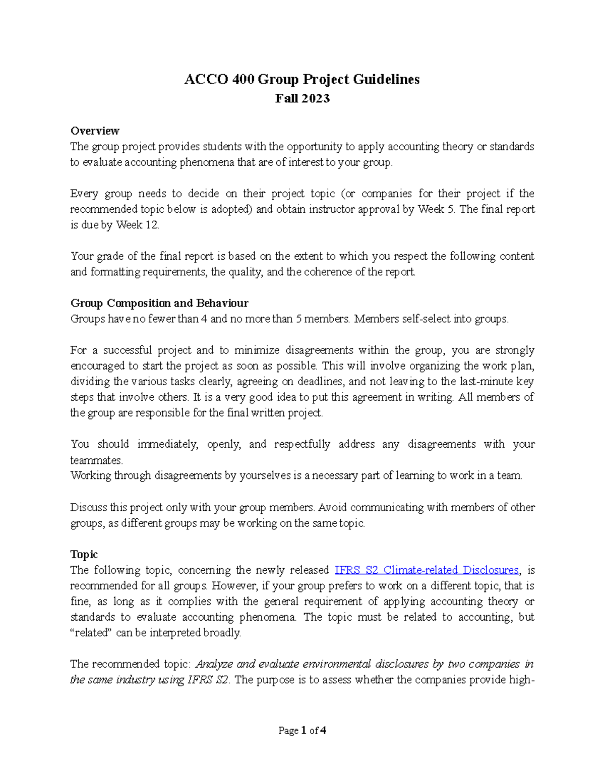 Group Project Guidelines - Fall 2023 - ACCO 400 Group Project Guidelines Fall 2023 Overview The ...