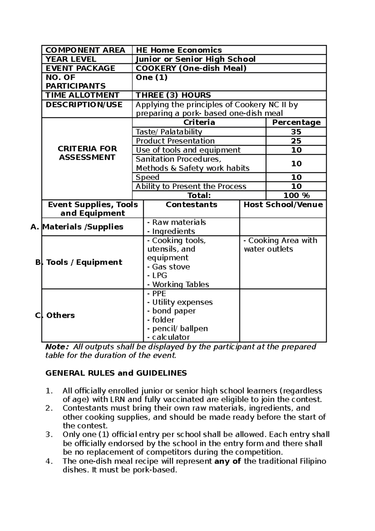 One-dish meal - ONE DISH MEAL - COMPONENT AREA HE Home Economics YEAR ...