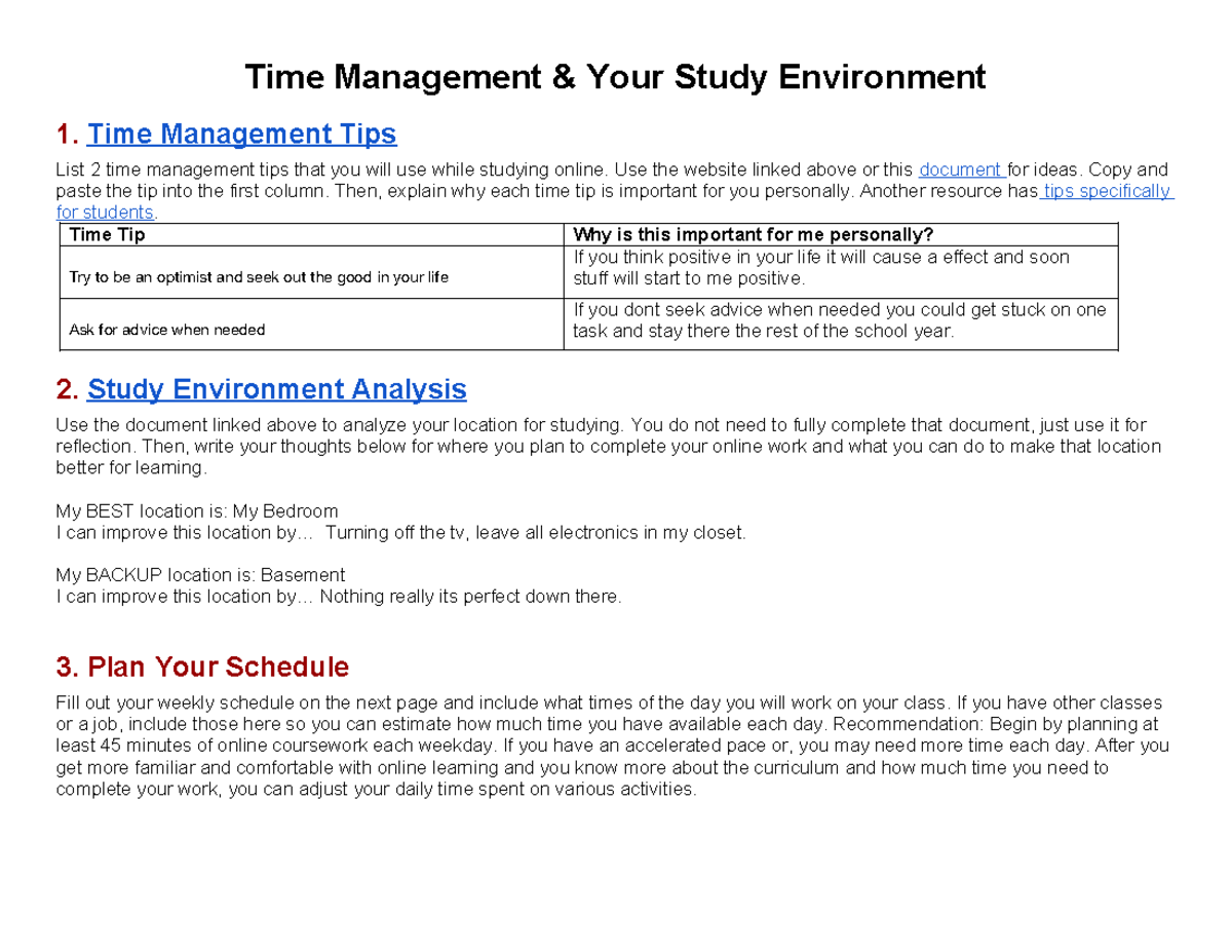 Copy of Time Management & Study Environment Assignment - Time ...