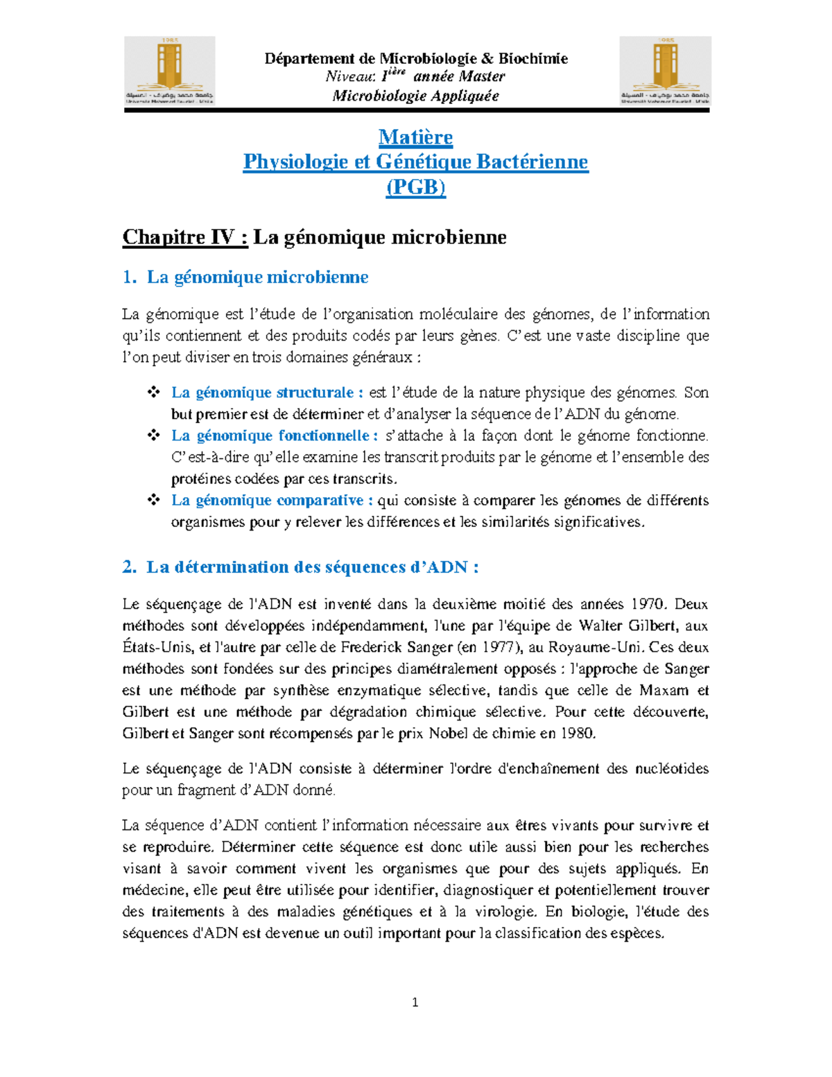 Chapitre IV - master 1 - Niveau: 1 ière année Master Microbiologie ...