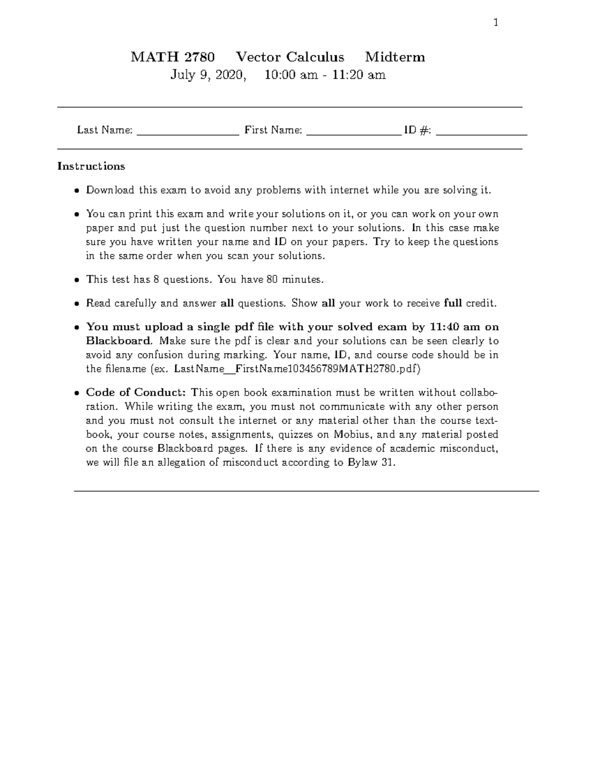 Midterm, questions - MATH 2780 Vector Calculus Midterm July 9, 2020, 10 ...