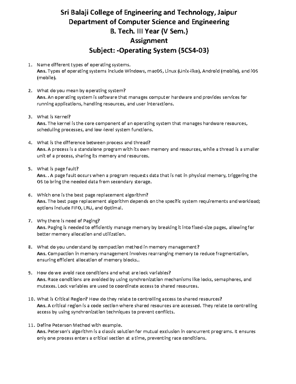 OS assignment 1&2 solution - Sri Balaji College of Engineering and Technology, Jaipur Department ...