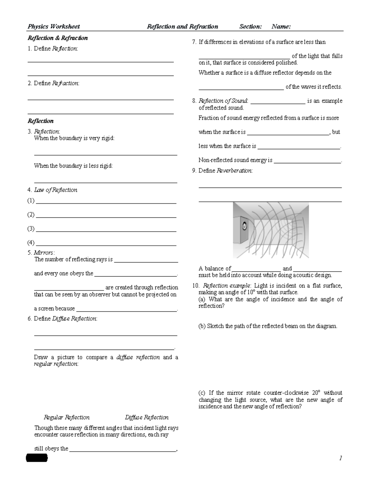 Physics motion - Physics Worksheet Reflection and Refraction Section ...