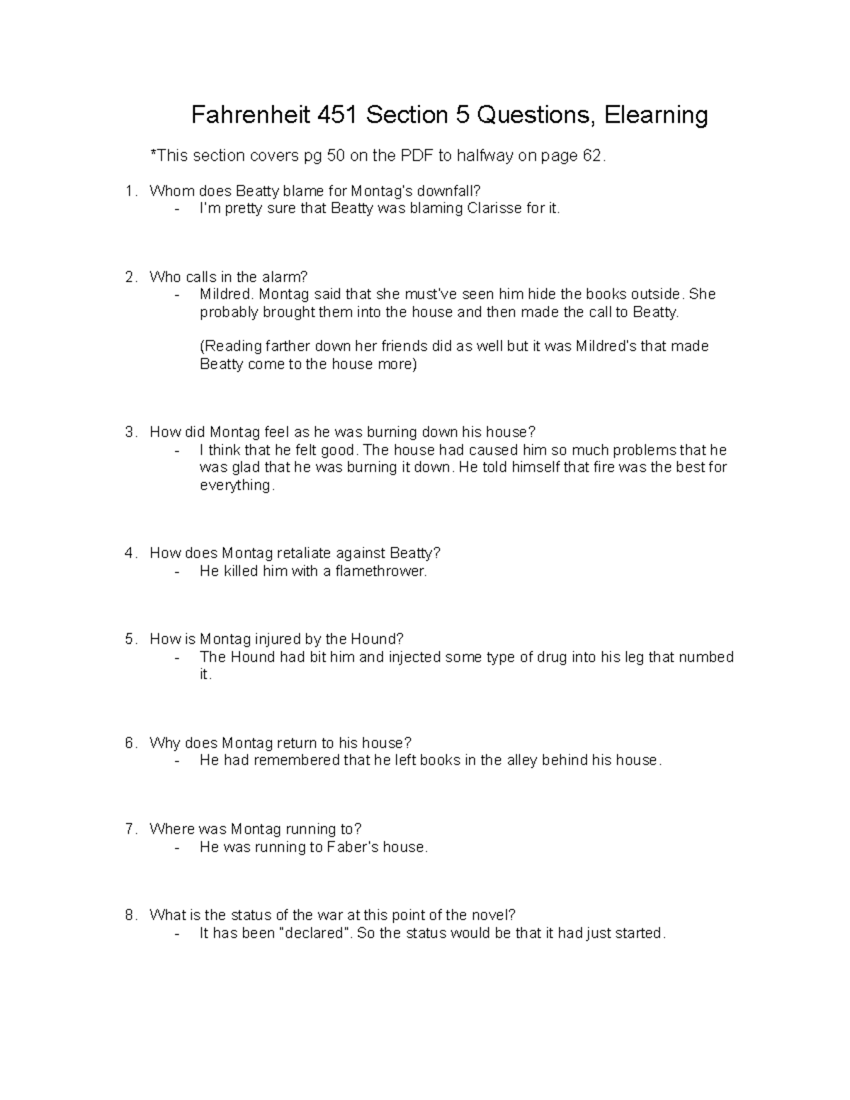 Fahrenheit 451 Section 5 Questions, Elearning - Fahrenheit 451 Section ...