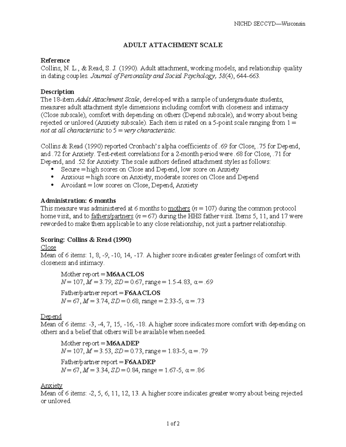 Adult Attachment Scale ID - NICHD SECCYD—Wisconsin 1 of 2 ADULT ...