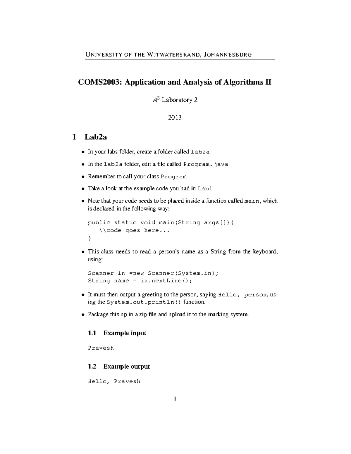 Lab2 - LAB2 - U NIVERSITY OF THE W ITWATERSRAND , J OHANNESBURG ...