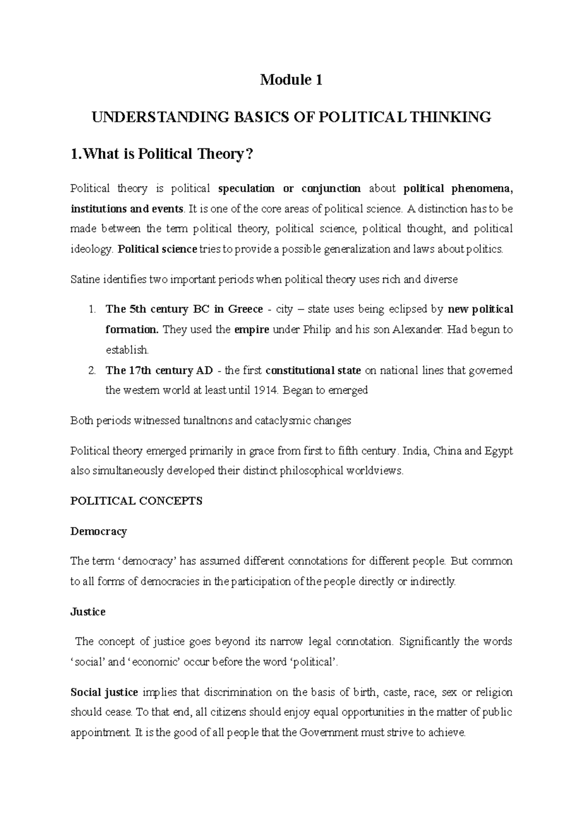 Politics NOTE - SOCIAL SCIENCE NOTE - Module 1 UNDERSTANDING BASICS OF ...