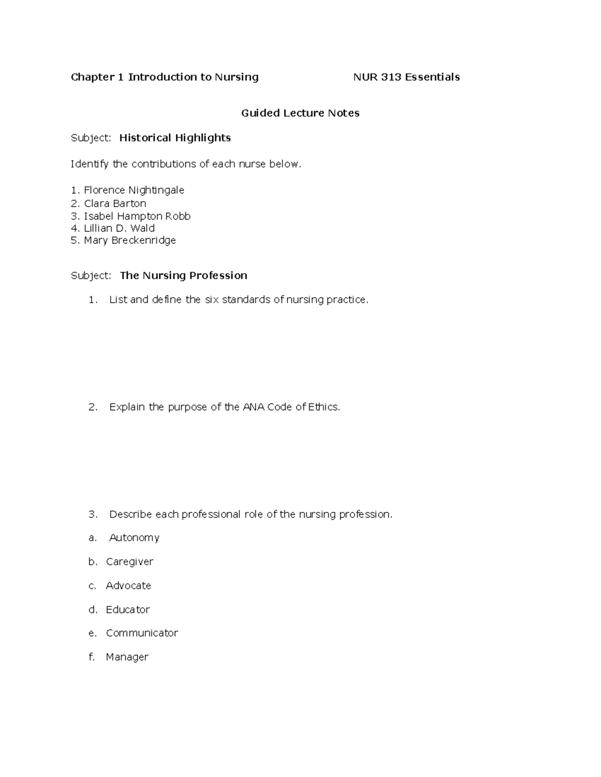 Guided Lecture Notes Chapter 1 Intro to Nursing - Chapter 1 ...