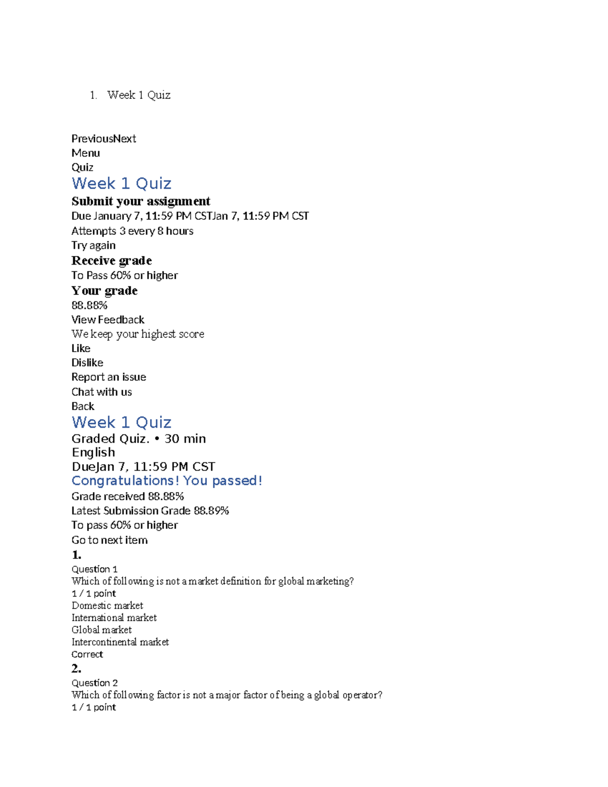 Week 1 Quiz - GLOBAL PROCUREMENT QUIZ - 1. Week 1 Quiz PreviousNext Menu Quiz Week 1 Quiz Submit ...