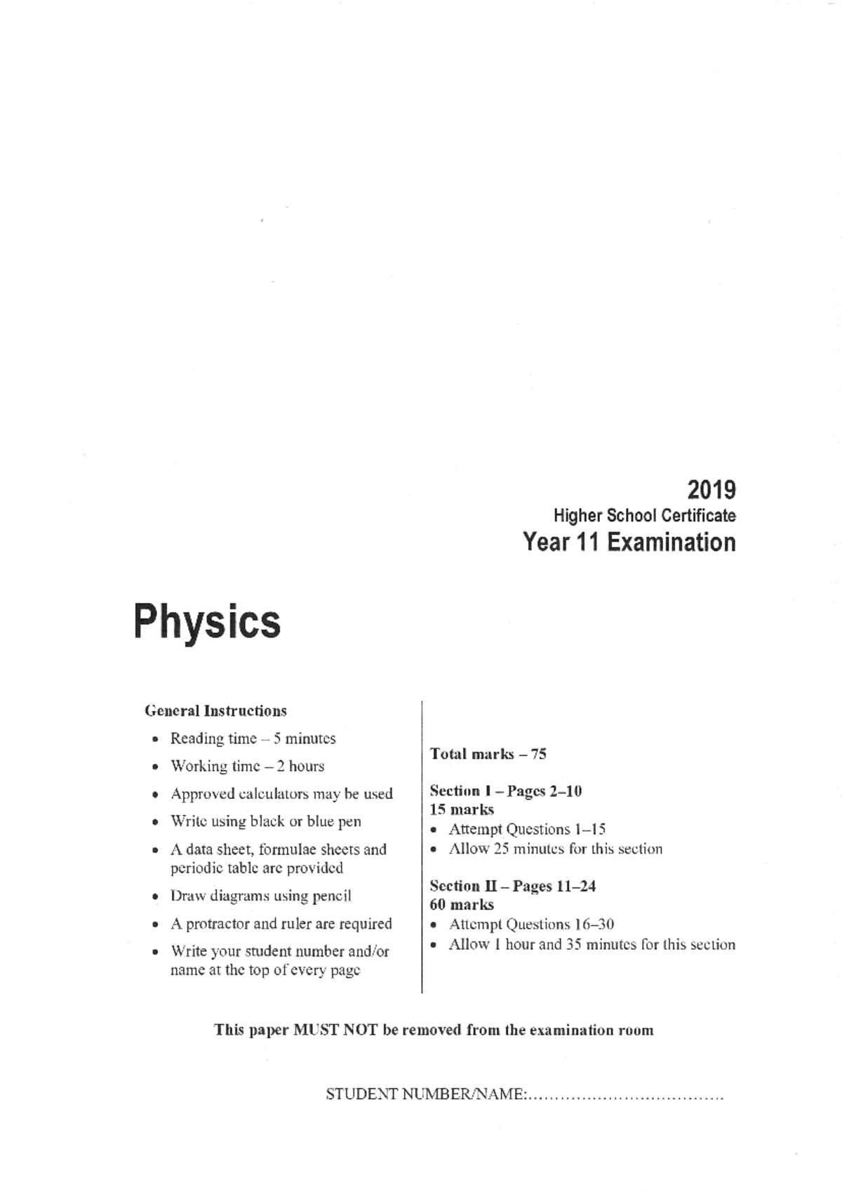 2019 Yr 11 Physics Independent Paper - 2019 Higher School Certificate ...