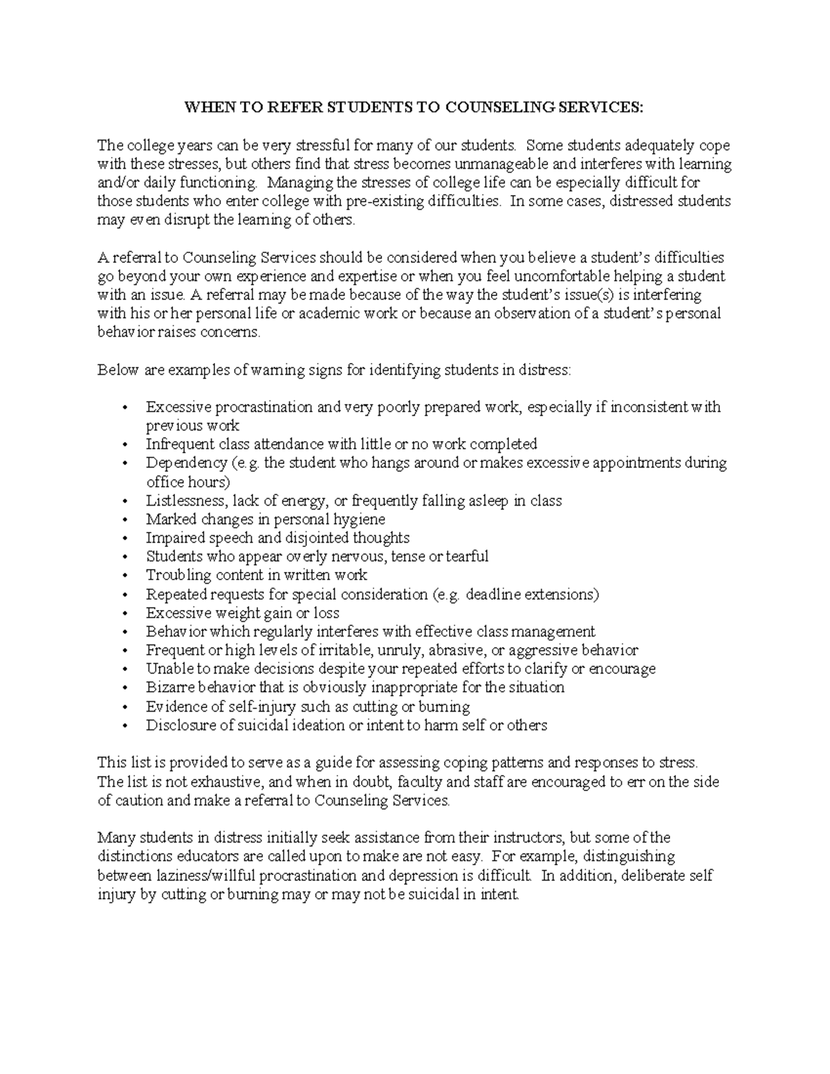 Refer students to counseling services - WHEN TO REFER STUDENTS TO ...