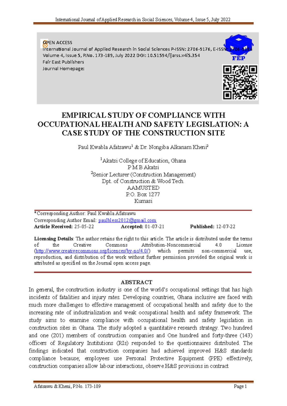 Empirical Study of Compliance with Occup - International Journal of ...