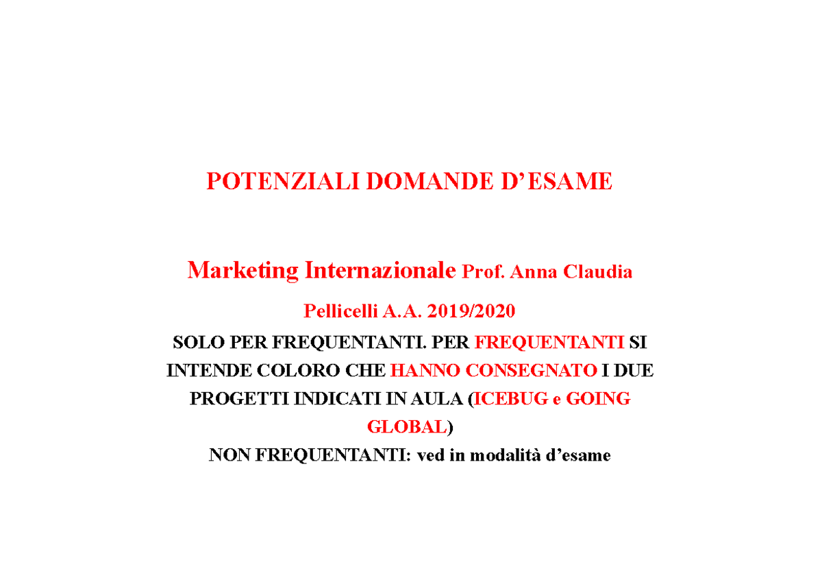 Domande desame MKTG Internazionale - Warning: TT: undefined function: 32 POTENZIALI DOMANDE D ...