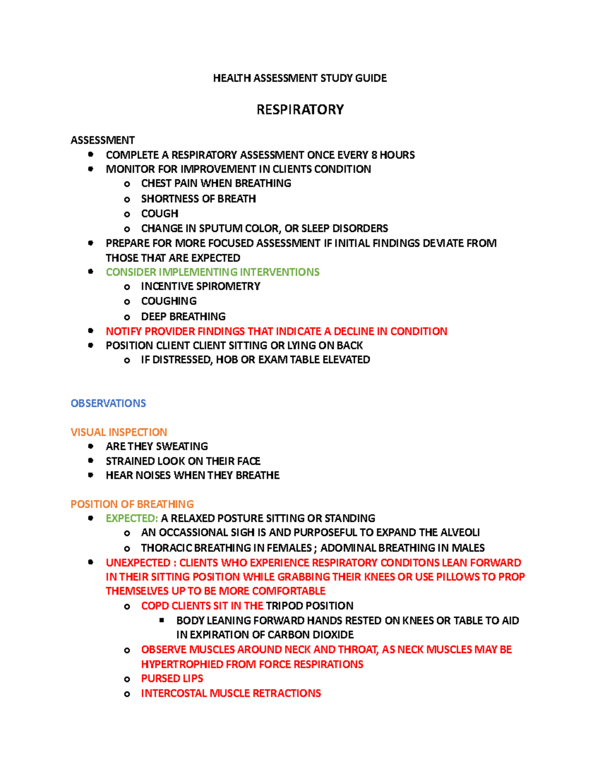 Assessment 3 - Notes on Lungs - HEALTH ASSESSMENT STUDY GUIDE ...
