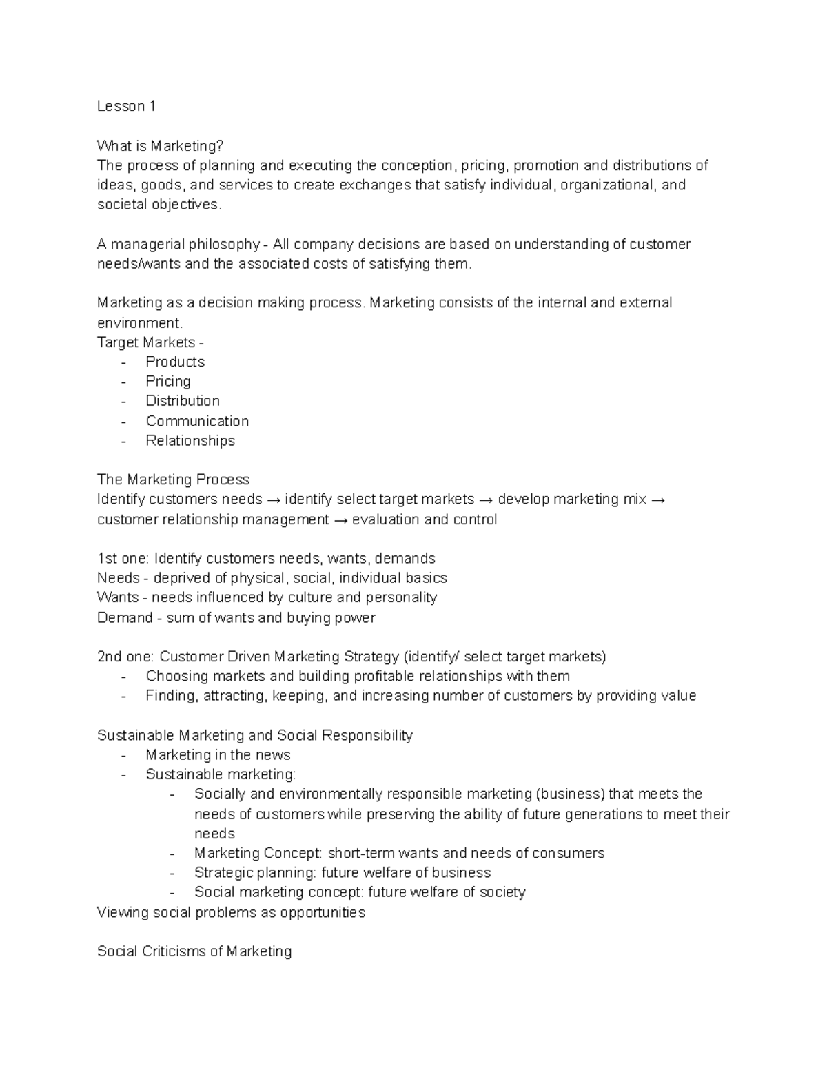 Marketing - Lesson 1 What is Marketing? The process of planning and ...