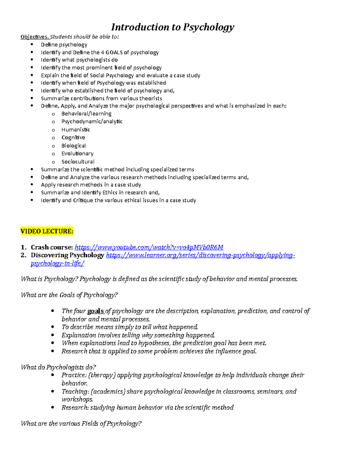 Intro to Psychology - Lecture notes 1 - Introduction to Psychology ...