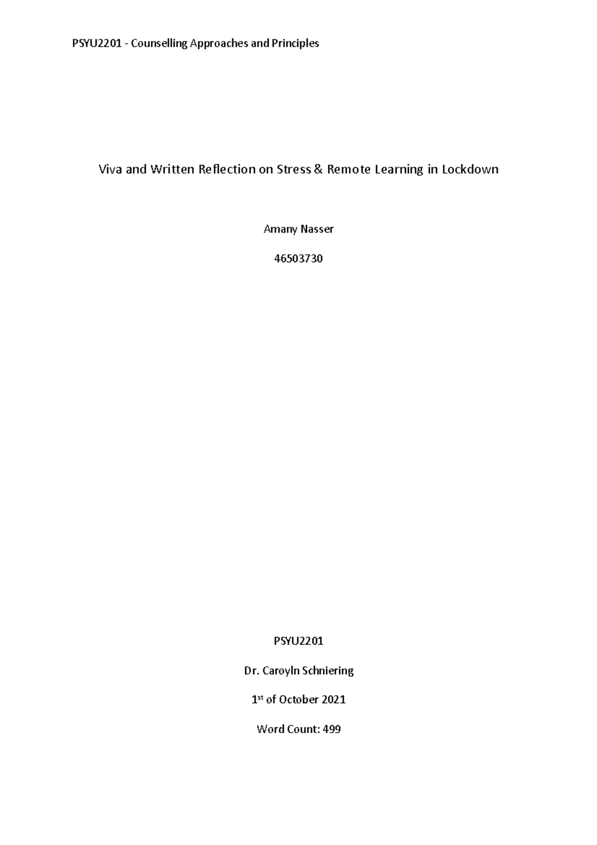 VIVA Reflection - PSYU2201 - Counselling Approaches and Principles Viva ...