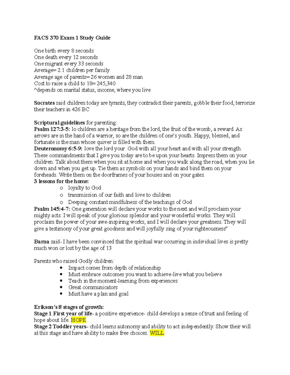 FACS 370 Exam 1 Study Guide - FACS 370 Exam 1 Study Guide One birth ...