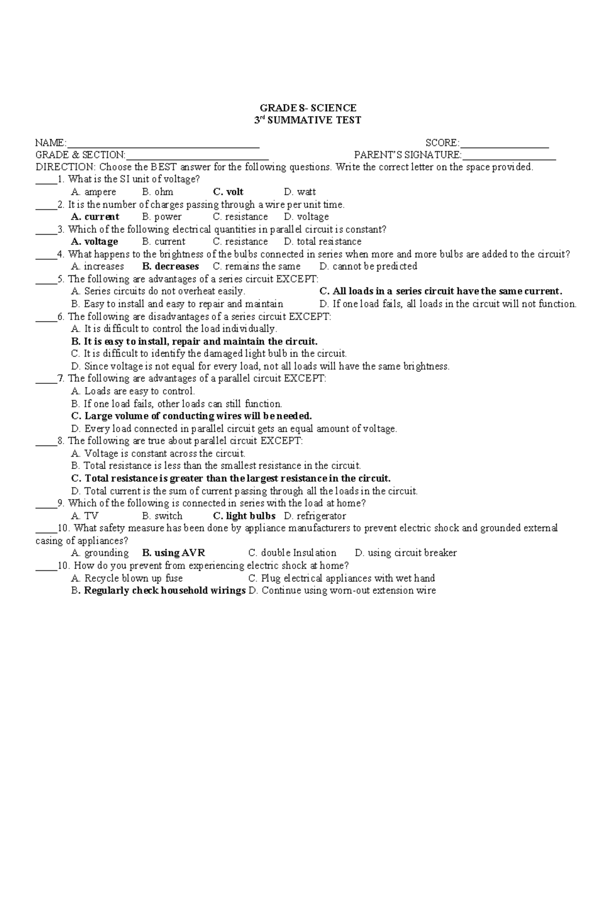 Summative TEST 8 electricity TOS - GRADE 8- SCIENCE 3 rd SUMMATIVE TEST ...