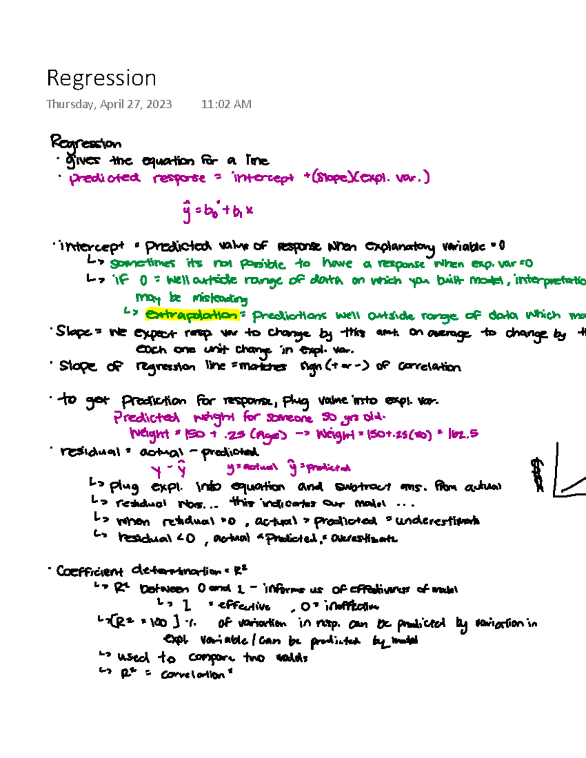 Regression - Unit 4 - STAT 2000 - Regression Thursday, April 27, 2023 11:02 AM - Studocu