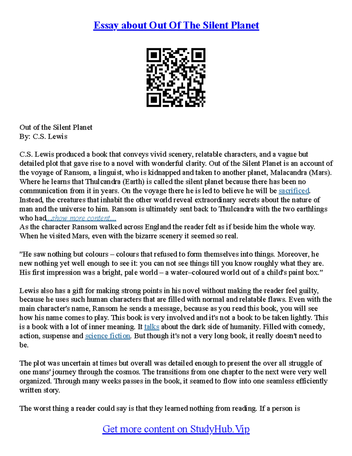 Outline For Essay Writing - Essay about Out Of The Silent Planet Out of ...