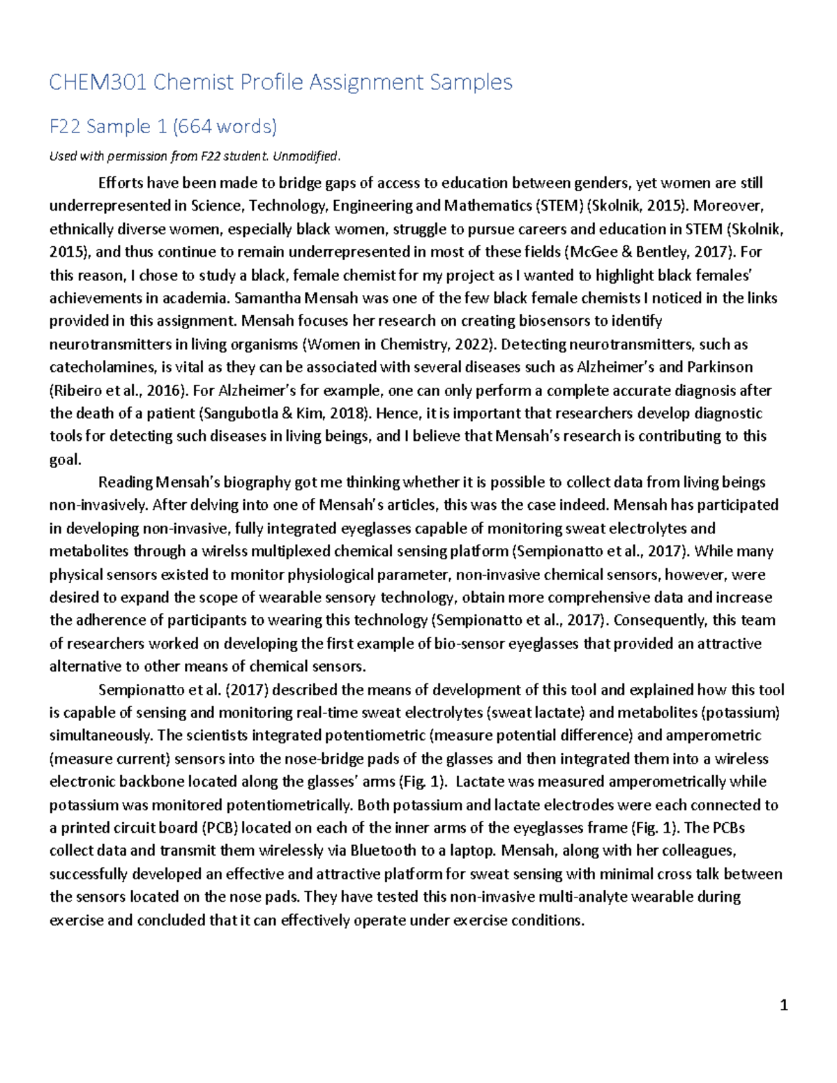 CHEM301 F24-Chemist Profile Samples F23 - CHEM301 Chemist Profile ...