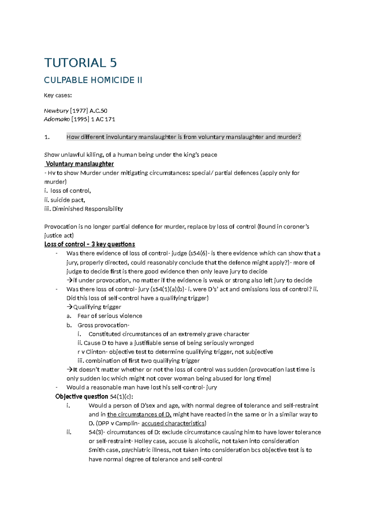 Tutorial 5- Culpable Homicide II- Criminal Law I - TUTORIAL 5 CULPABLE ...