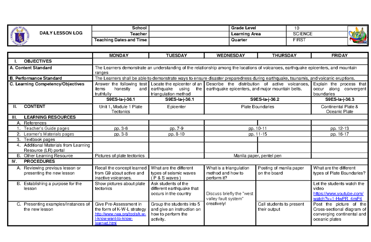 1ST Quarter - dlp in science 10 - MONDAY TUESDAY WEDNESDAY THURSDAY ...