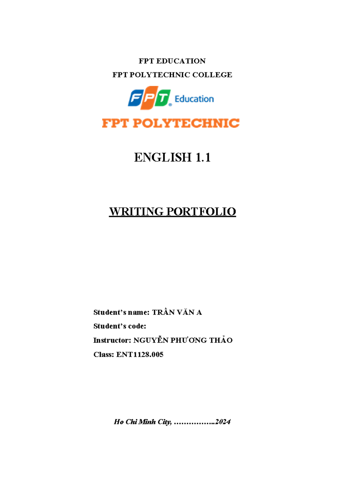 Template Portfolio ENT1128 - Tiếng Anh 1.1 - FPT EDUCATION FPT ...